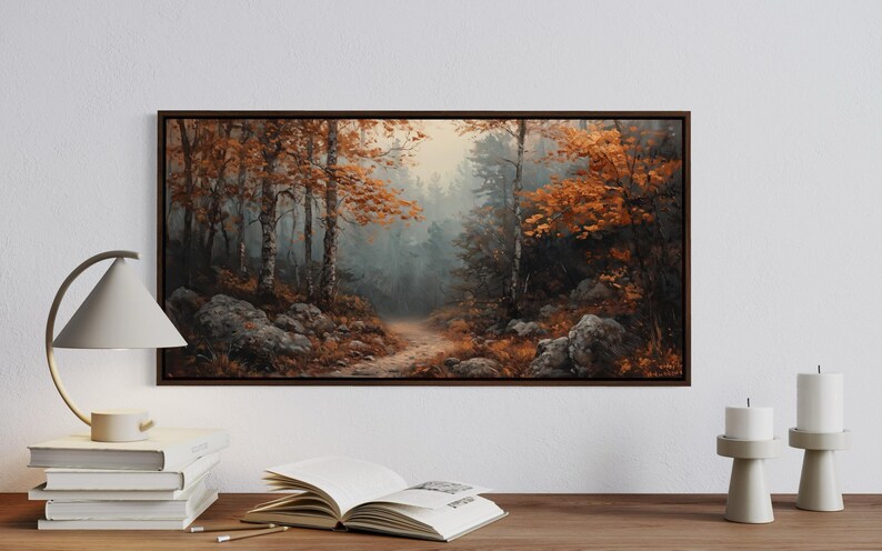 Moody Autumn Forest Wall Art Print With Woodland Path and Orange Leaves ...