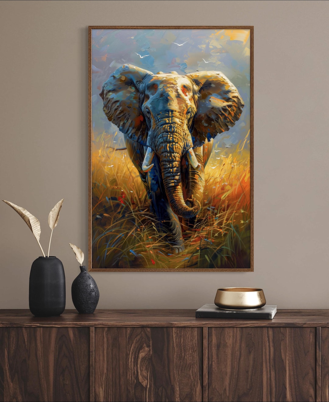 Rustic Elephant Portrait - Expressive African Wildlife Painting Print ...