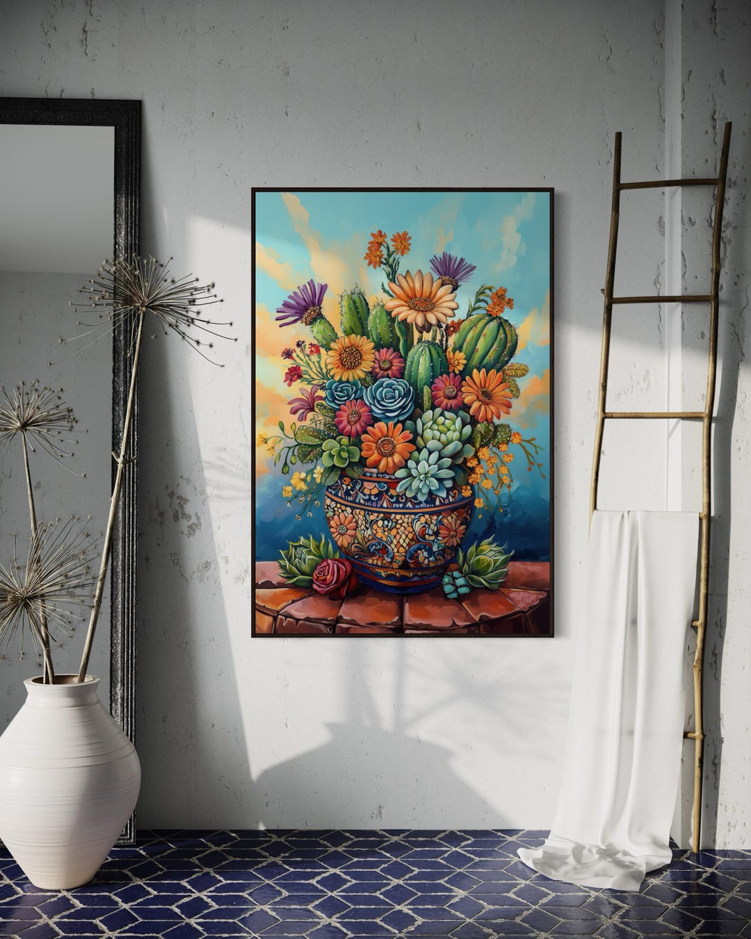 Colorful Cacti Vase Illustration - Vivid Southwest Wall Art With Wildflower Print and Mexican ...