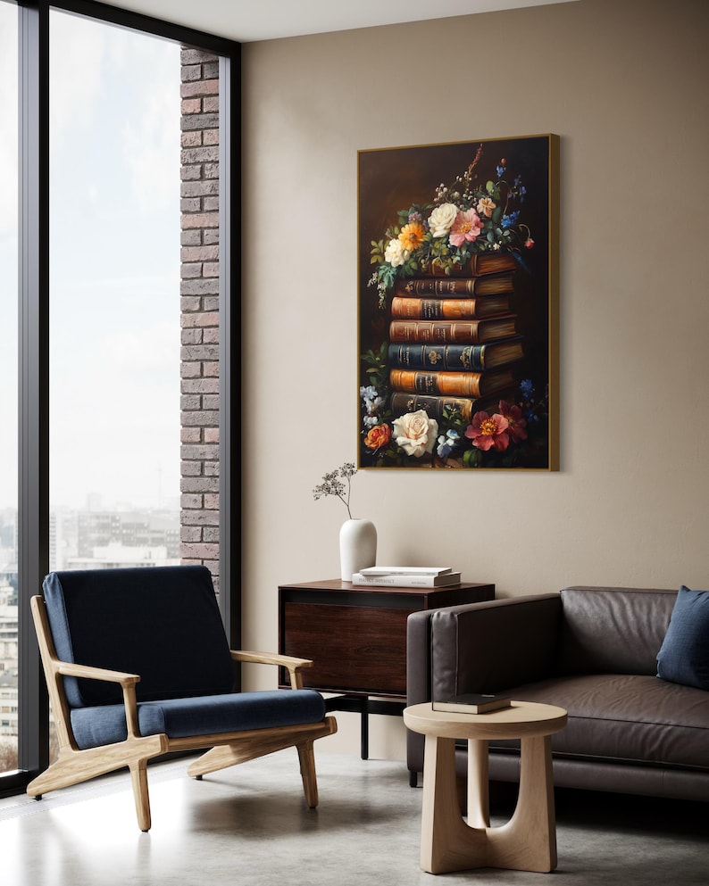 Vintage Books and Floral Bouquet Art Print – Romantic Library Wall ...