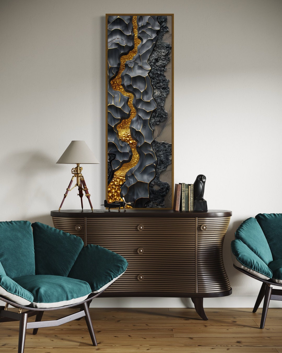 Enchanted Elegance - Tall Vertical Black and Gold Abstract Canvas Art ...