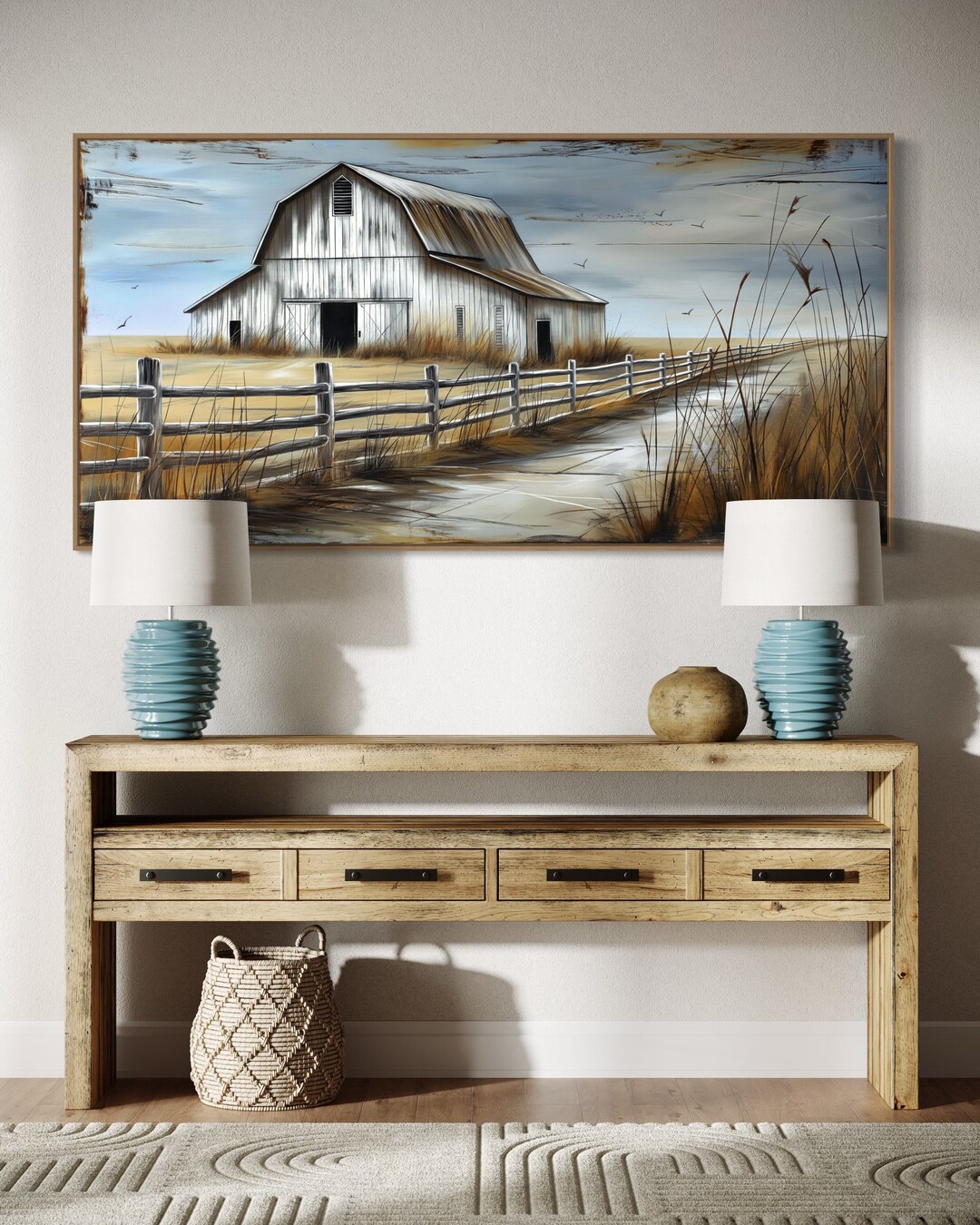 Rustic Charm Barn Canvas - Panoramic Pastoral Landscape Print, Vintage ...