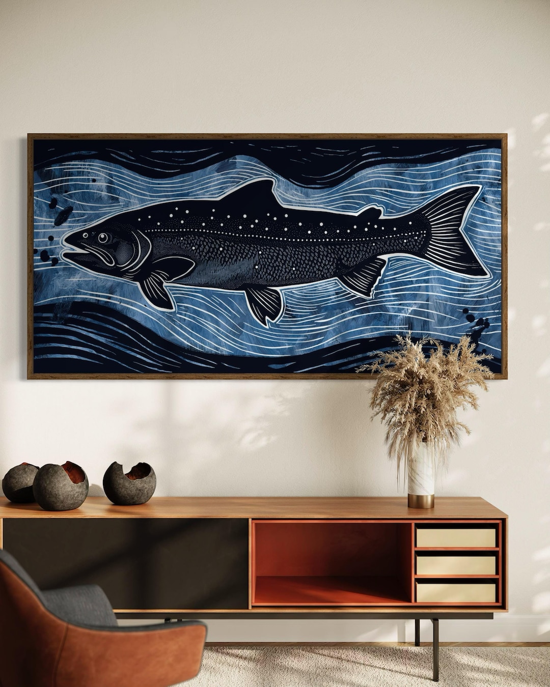 Rustic Wilderness Salmon Linocut Print: Panoramic Fish Art for Above ...