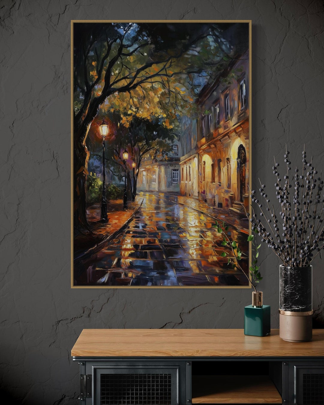Rainy Night Wall Art - Romantic Street Canvas, Cozy Urban Cityscape ...