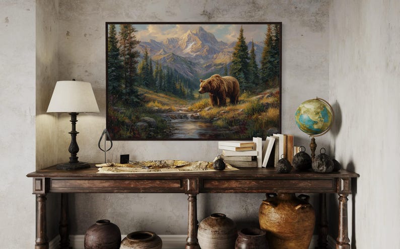 Mountain Bear Art Print – Wildlife Landscape Wall Art, Rustic Cabin ...