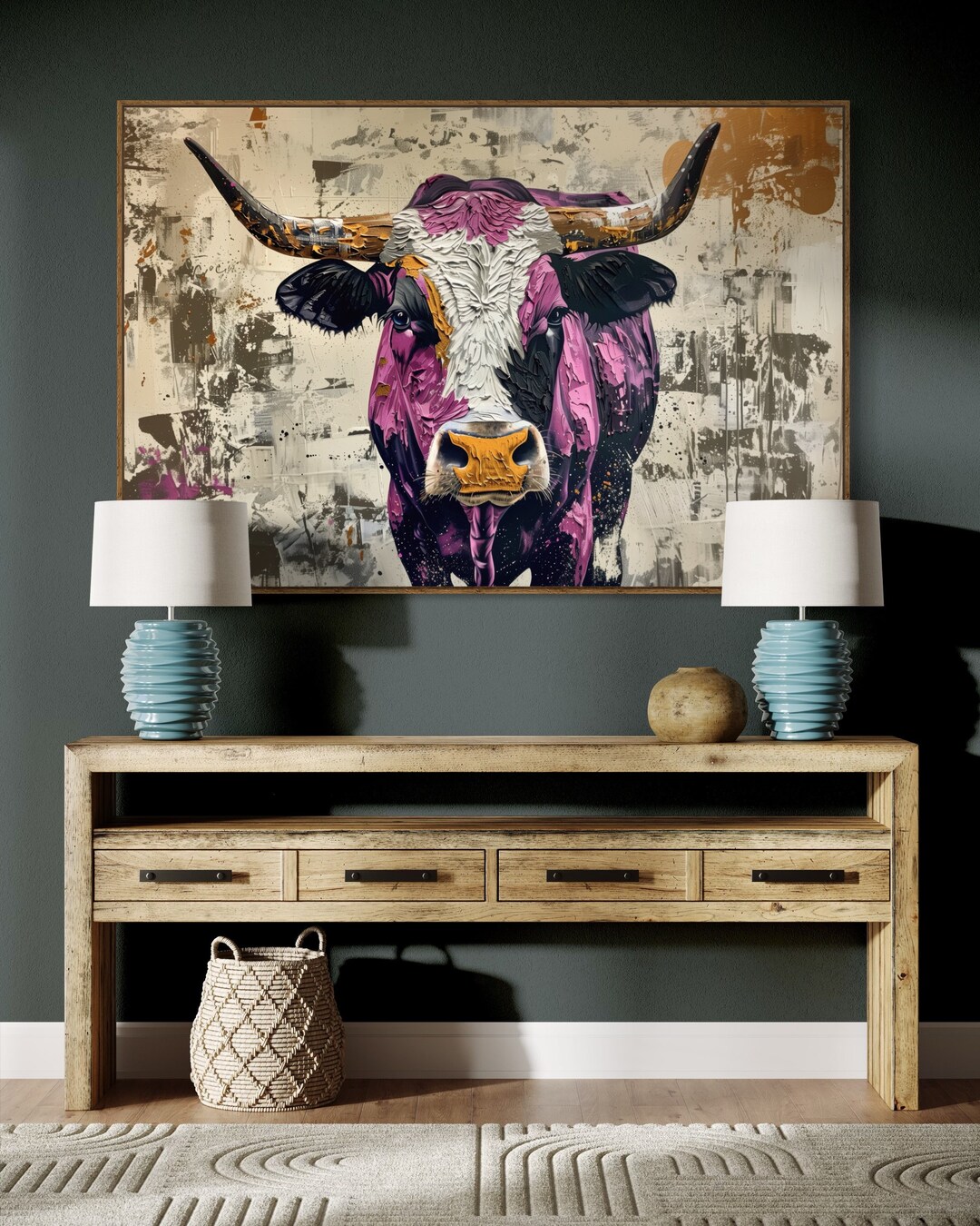 Colorful Longhorn Cow Portrait - Rustic Charm Wall Decor in Earth Tones ...