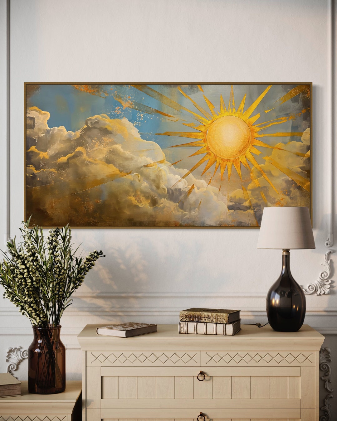Dreamy Sun Illustration - Vintage Cloud Canvas Print, Atmospheric Sun ...