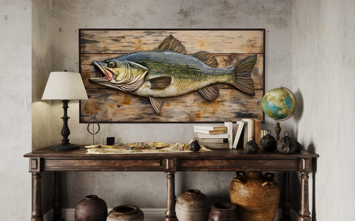 Bass Wall Art Print – Largemouth Bass Painting, Rustic Fishing Decor ...