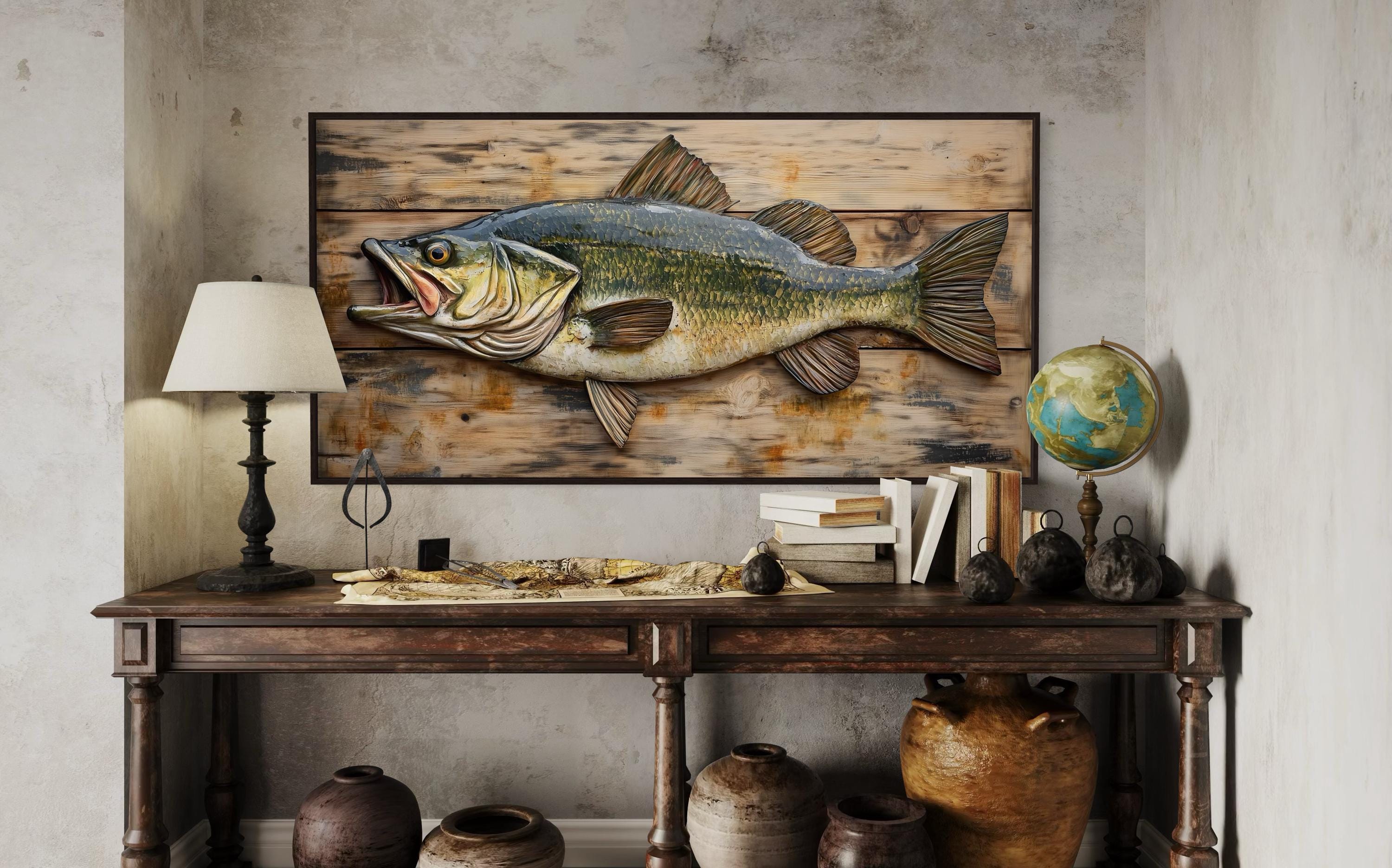 Bass Wall Art Print – Largemouth Bass Painting, Rustic Fishing Decor ...