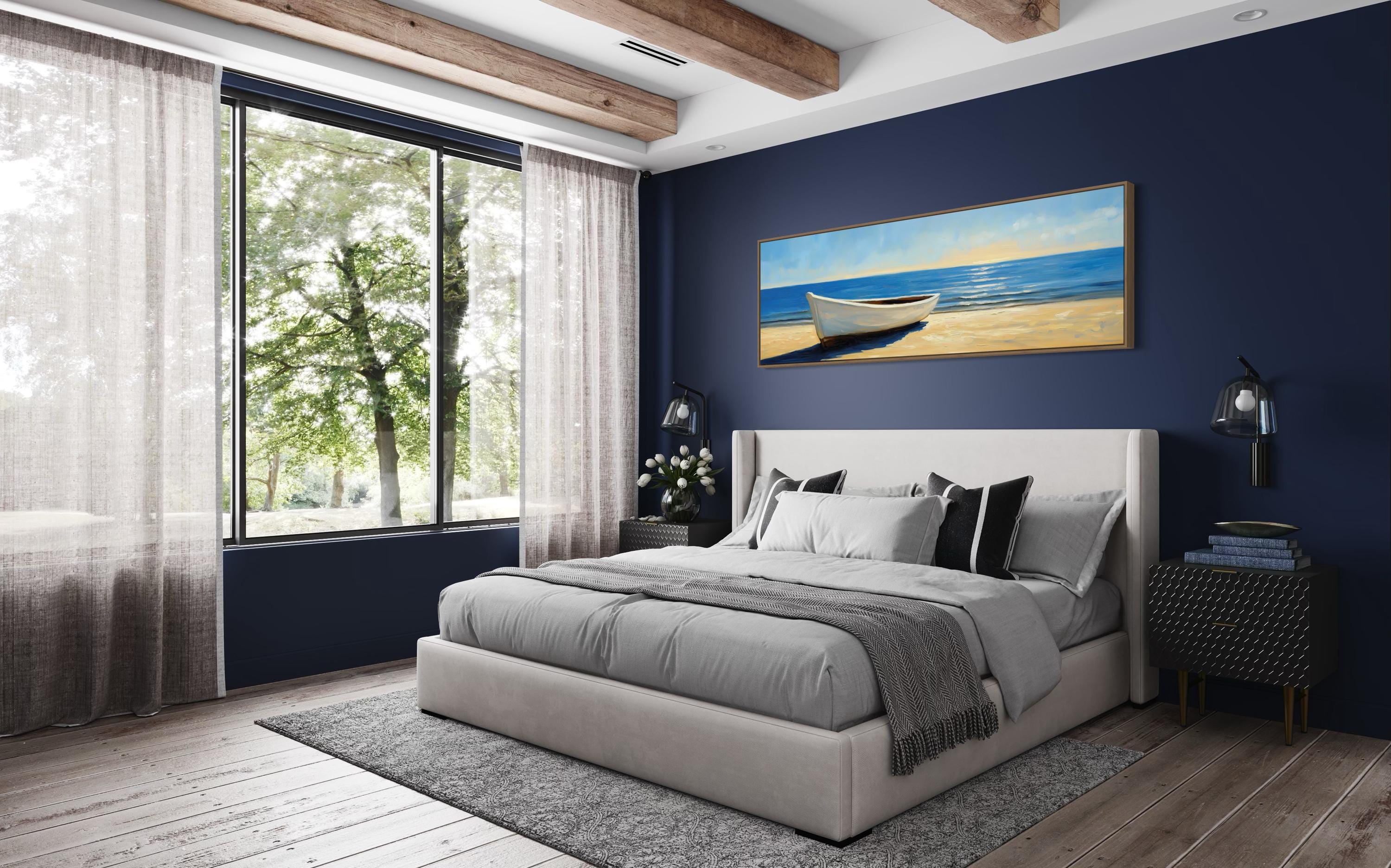 Serene Rowboat on the Beach - Panoramic Ocean Artwork for Long Narrow ...