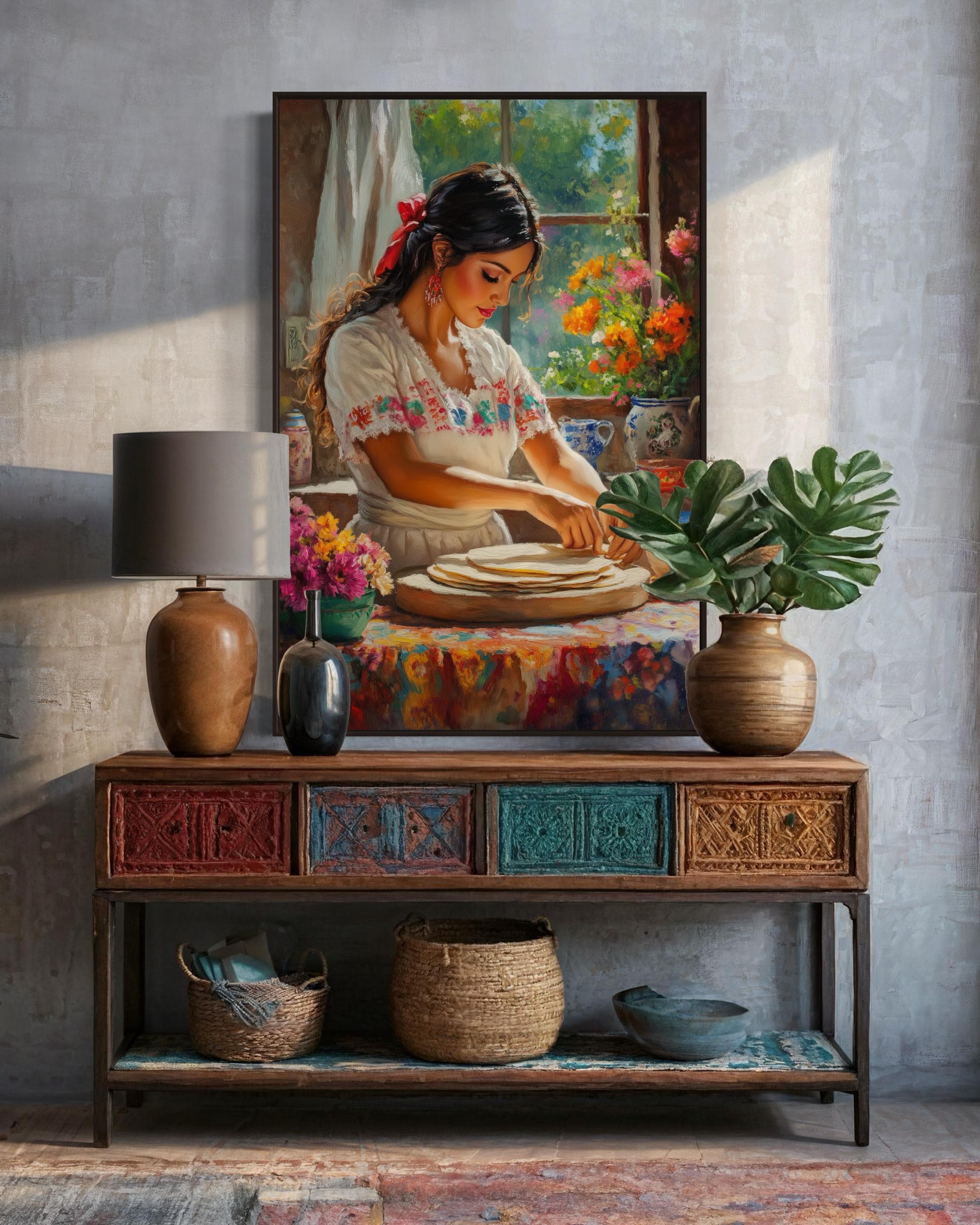 Mexican Kitchen Wall Art - Vibrant Tortilla-making Canvas Print, Rustic ...
