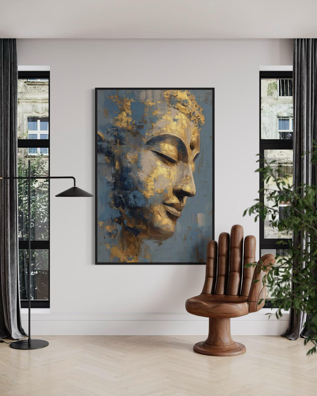 Gold & Blue Buddha Wall Art - Serene Abstract Buddha Face Print, Zen ...