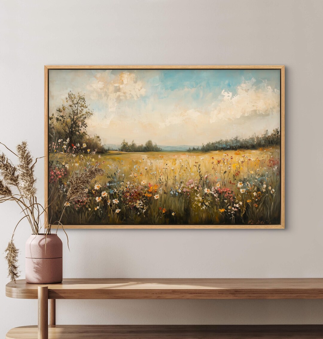 Vintage Meadow Wall Art - Serene Wildflower Field Canvas Print With ...