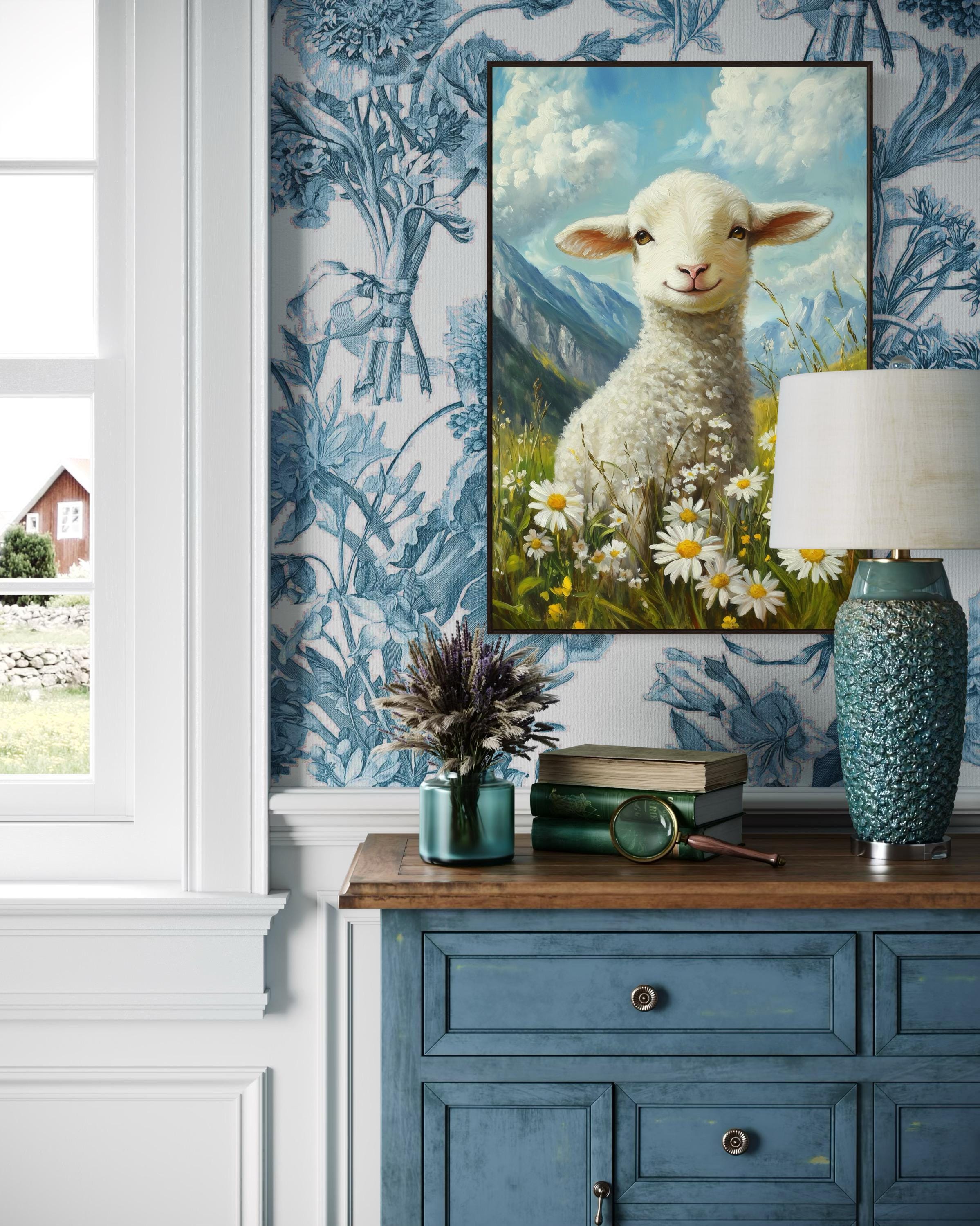 Lamb Wall Art - Whimsical Farm Animal Print, Daisy Meadow Artwork ...
