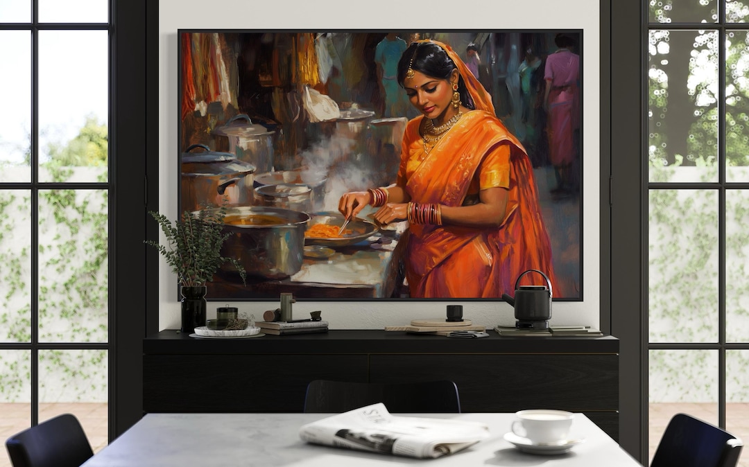 Cooking Indian Woman Wall Art - Vibrant Kitchen Scene With Traditional ...