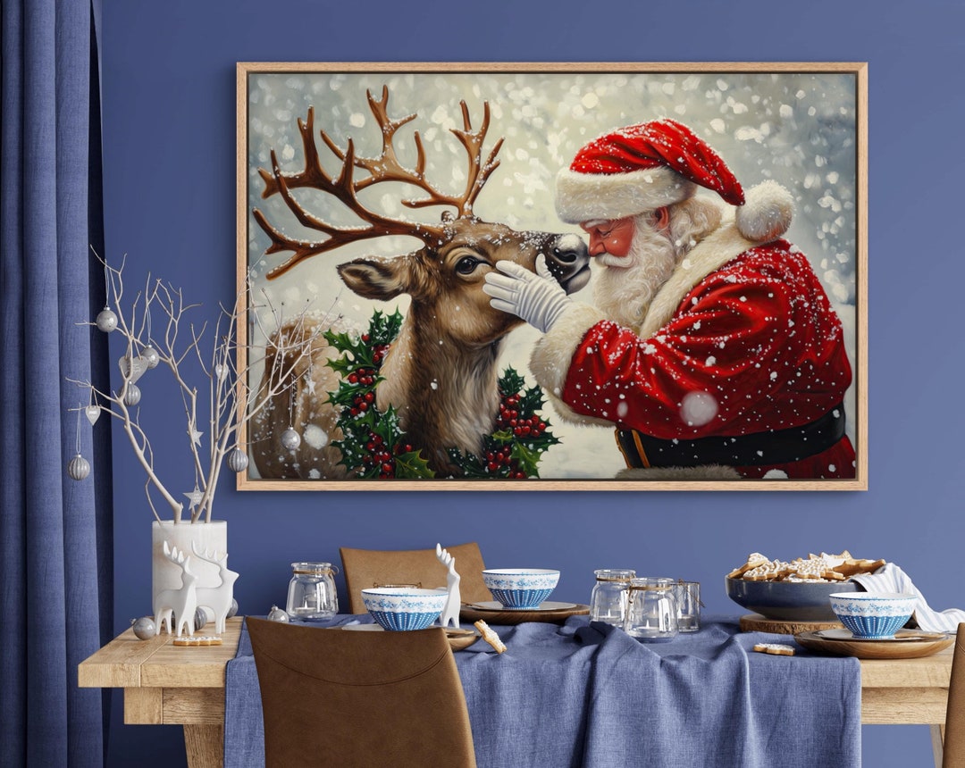 Santa and Reindeer Canvas - Rustic Christmas Wall Art, Festive Winter ...