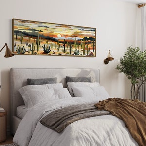 Boho Desert Sunset - Panoramic Cactus Landscape Print, Colorful Boho ...
