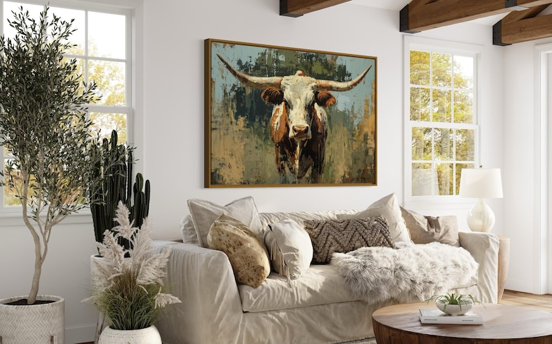 Rustic Longhorn Cow Canvas - Texas-inspired Farmhouse Wall Art, Earth ...