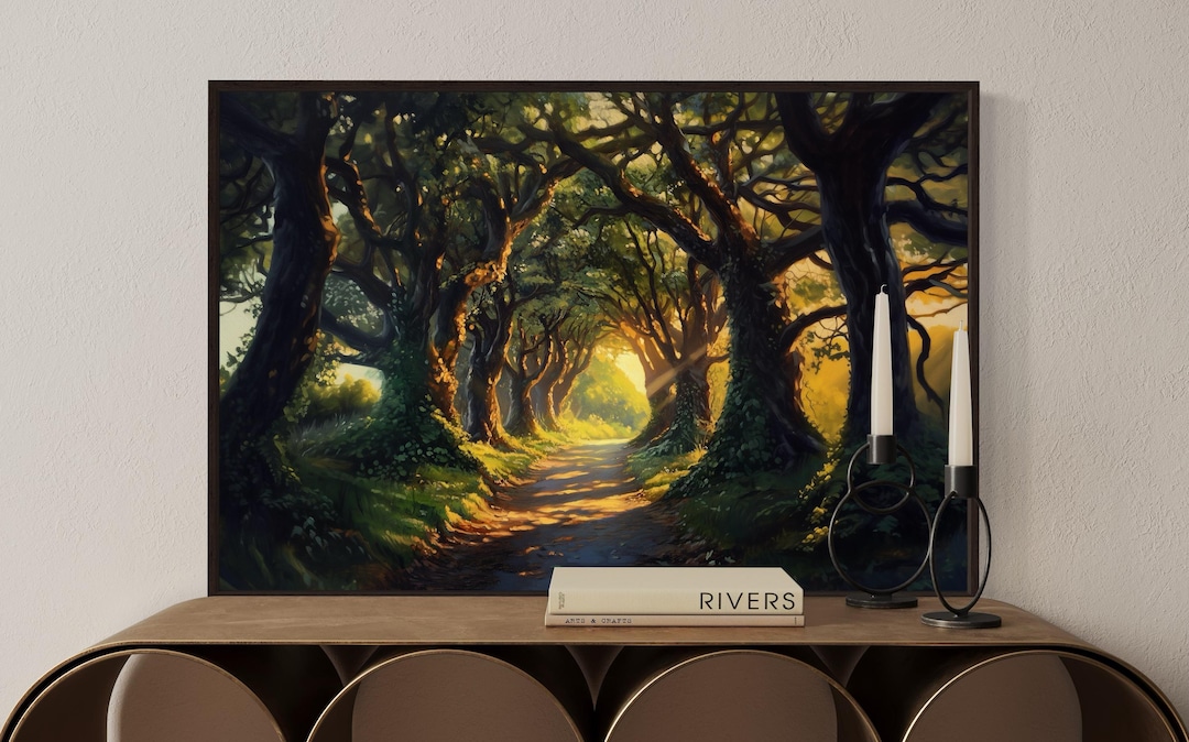 Oak Forest Path Wall Art - Sunlit Oak Tree Canvas Print, Rustic ...