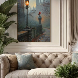 Gothic Cathedral and Red Cardinal Bird Art Print, Mystical Canvas Art ...