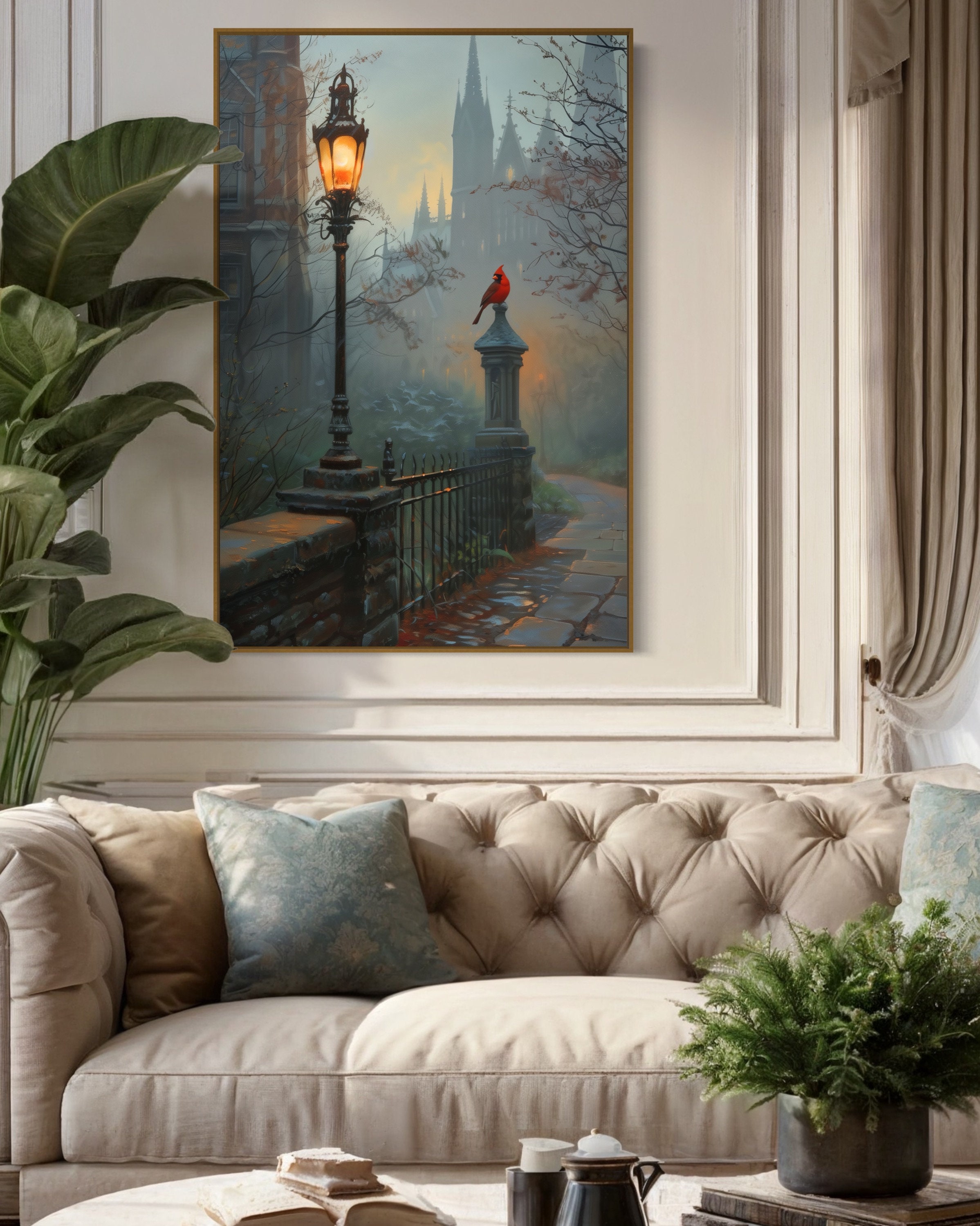 Gothic Cathedral and Red Cardinal Bird Art Print, Mystical Canvas Art ...