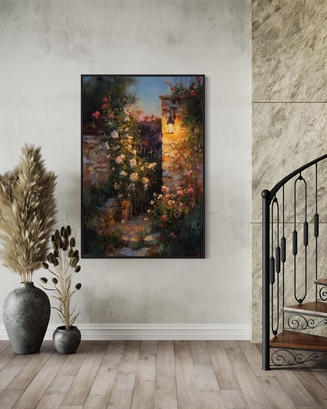 Romantic Garden Gate Art Print – Glowing Lantern Floral Wall Art ...