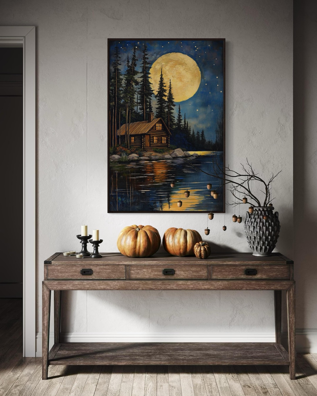 Cozy Log Cabin Wall Art - Starry Night Moonlight Print, Peaceful ...
