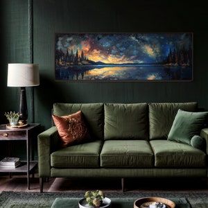 Starry Night Over the Lake: Vibrant Panoramic Wall Art Print, Narrow ...