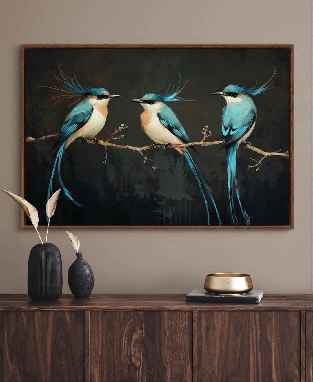 Exotic Blue Bird Wall Art - Elegant Tropical Bird Trio on Dark ...