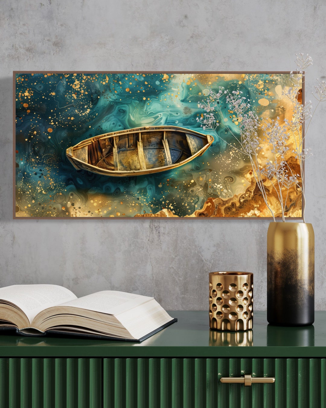 Rustic Charm Rowboat - Panoramic Rustic Coastal Decor, Turquoise ...