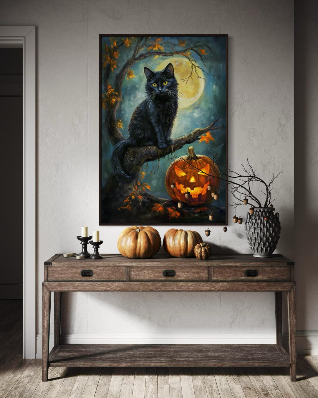 Black Cat Halloween Art Print – Spooky Pumpkin & Full Moon Wall Art ...