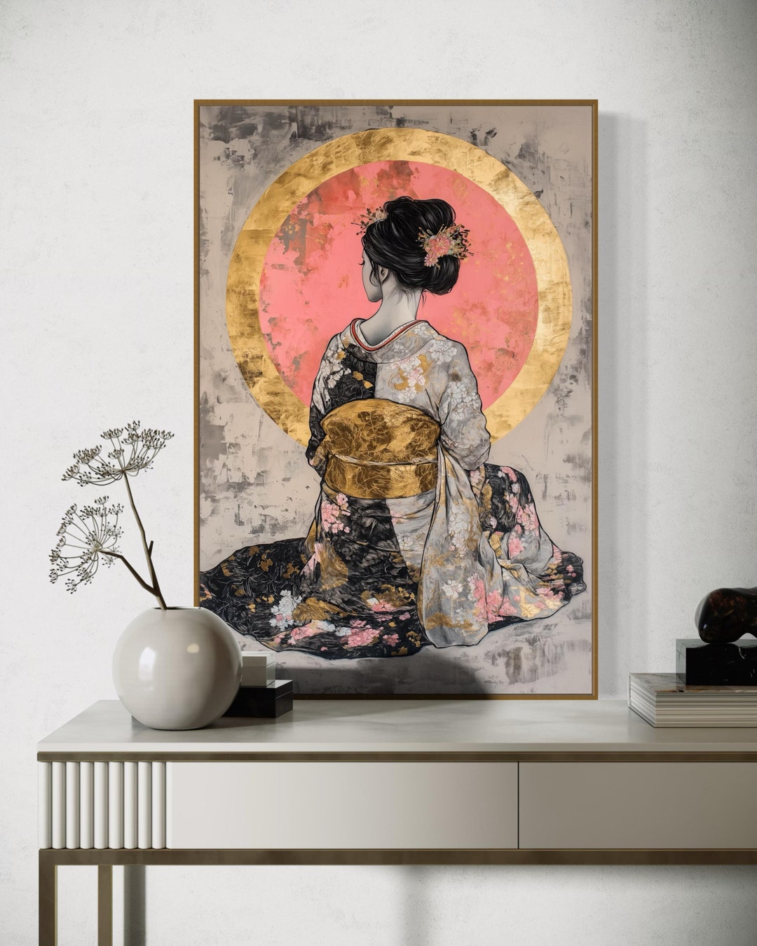 Elegant Japanese Geisha Canvas - Beautiful Kimono Wall Art With Moon ...