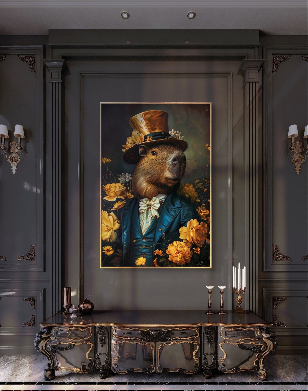 Gentleman Capybara - Victorian Artwork With Dark Floral Print ...