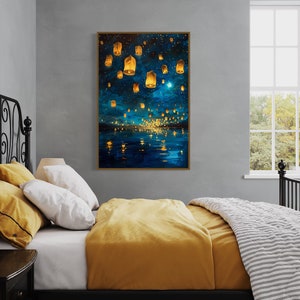 Magical Night Lantern Festival - Floating Lantern Painting Print With ...