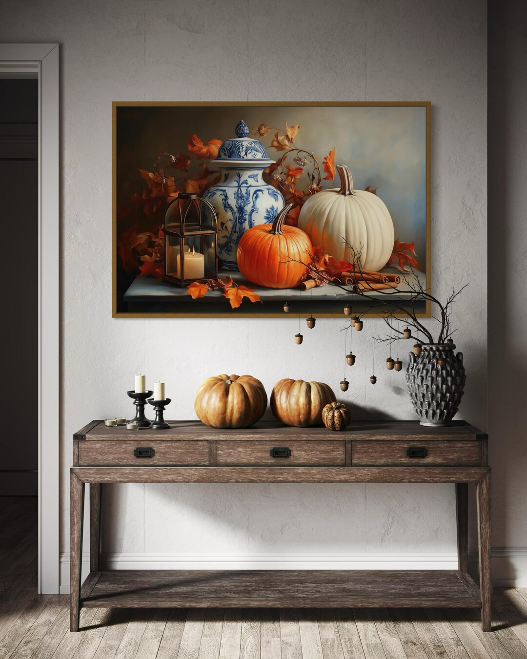 Autumn Still Life Wall Art Print – Pumpkins, Candle Lantern & Fall ...