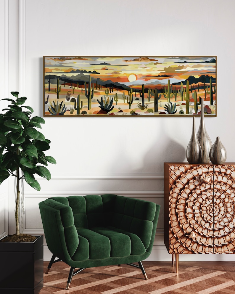Boho Desert Sunset - Panoramic Cactus Landscape Print, Colorful Boho ...