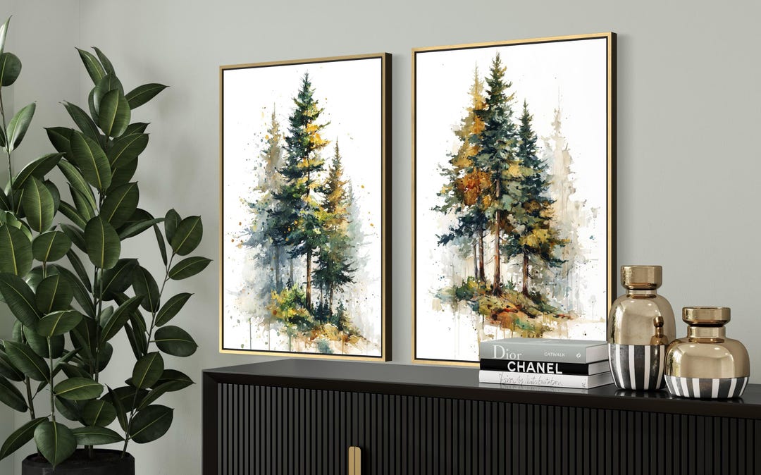 Set of 2 Pine Tree Wall Art – Watercolor Forest Decor, Evergreen Nature ...