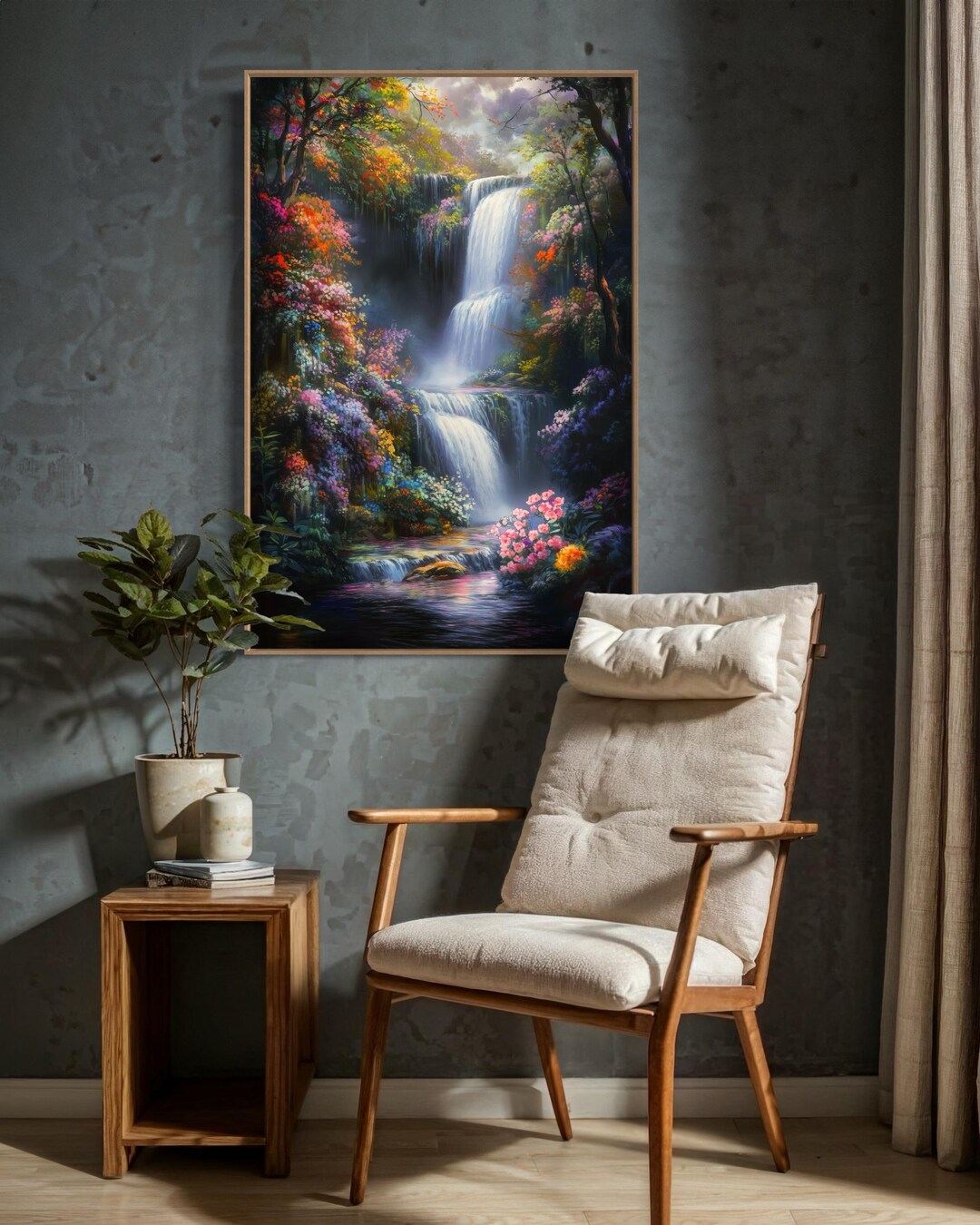Elegant Waterfall and Wildflowers Print - Mystical Cottagecore Decor ...