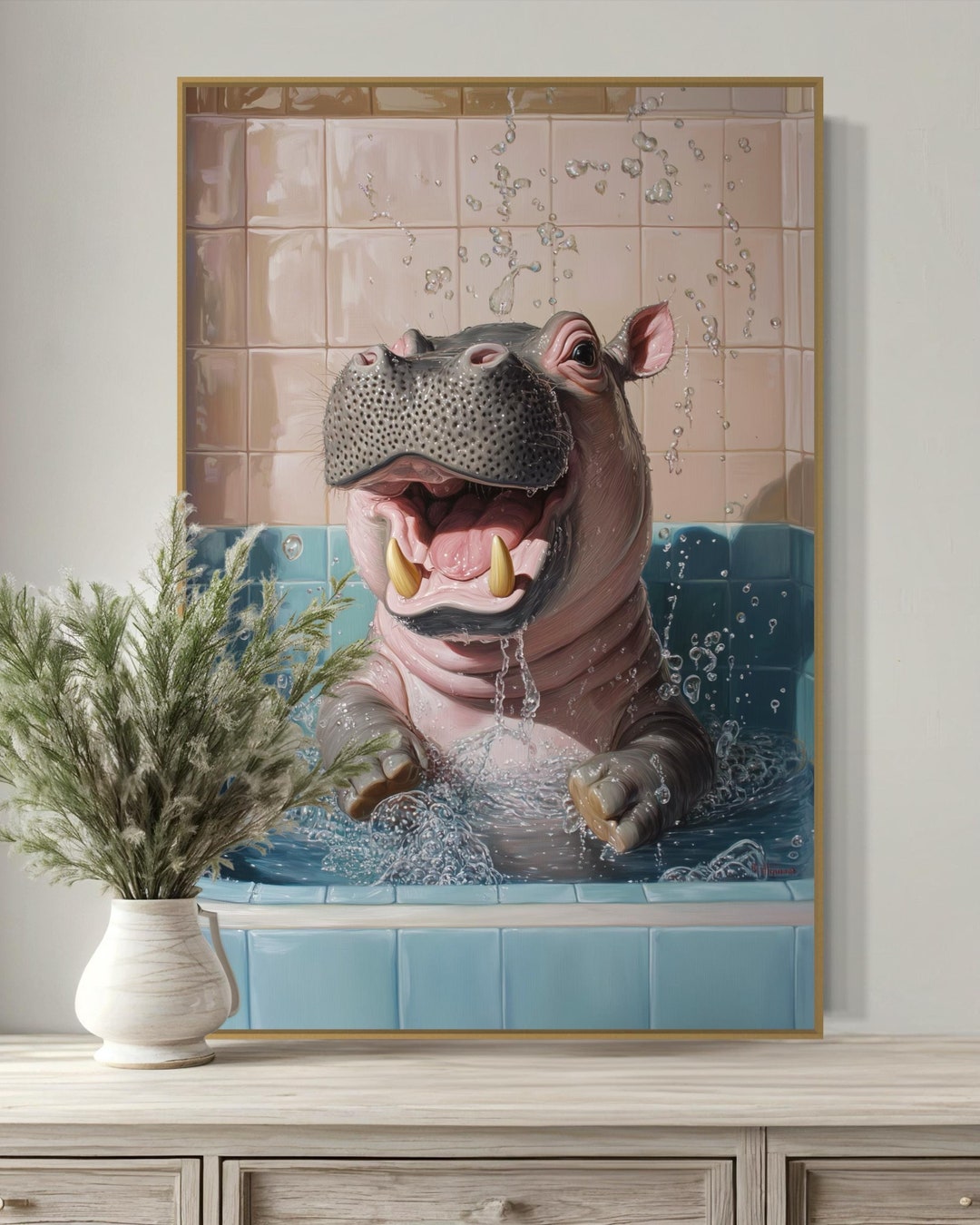 Baby Hippo Wall Art - Whimsical Bubble Bath Canvas, Playful Animal ...