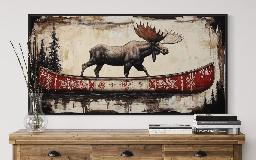 Moose With Red Canoe Wall Art - Panoramic Wildlife Print, Rustic Lodge ...