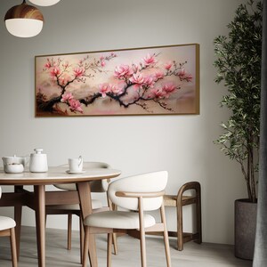 Elegant Pink Magnolia Panorama - Relaxing Narrow Wall Art Above Bed ...