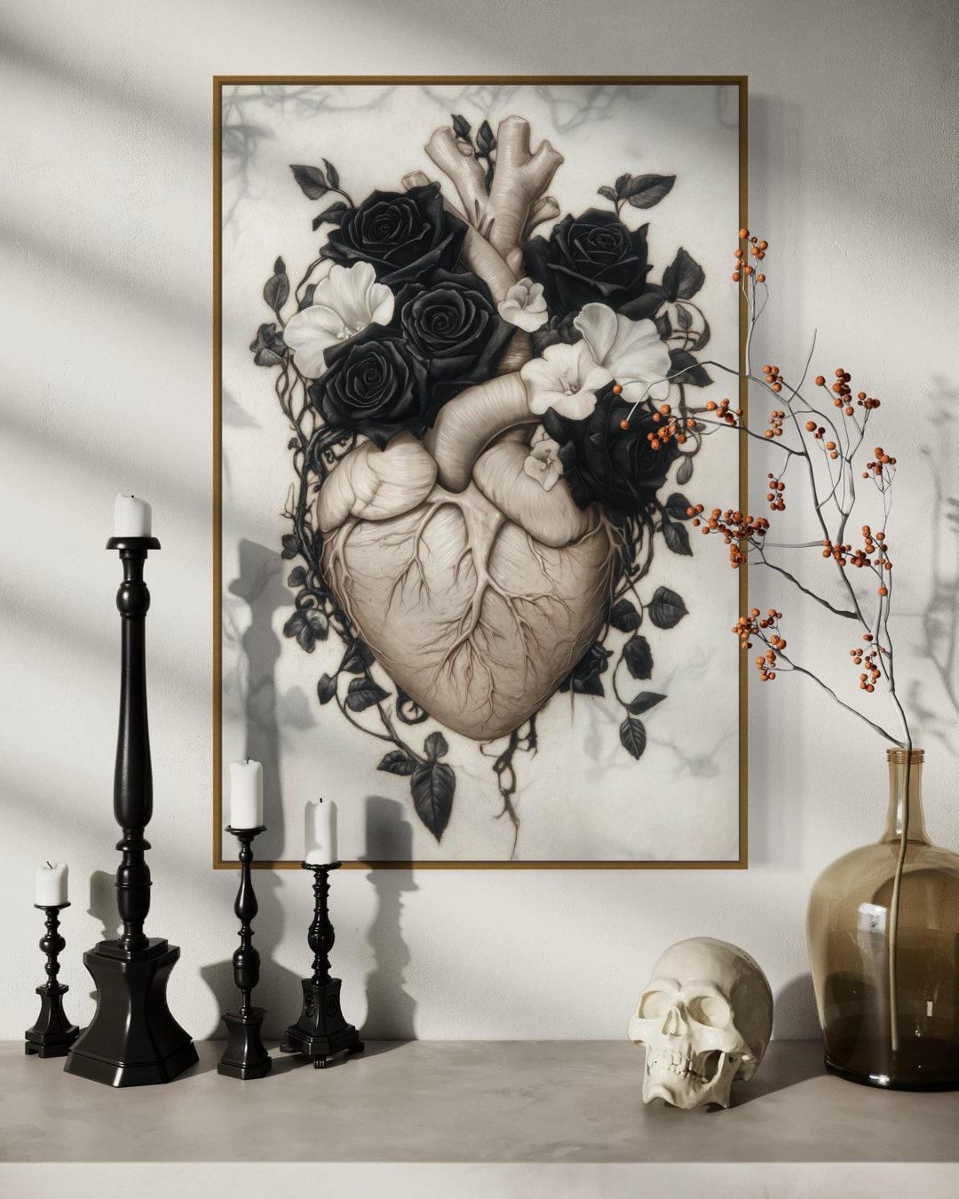 Gothic Anatomical Heart Wall Art - Mystical Black Rose and White Flower ...