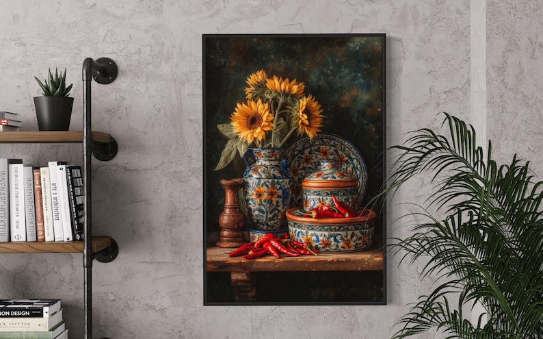 Talavera Pottery Art Print – Mexican Kitchen Wall Decor With Sunflowers ...