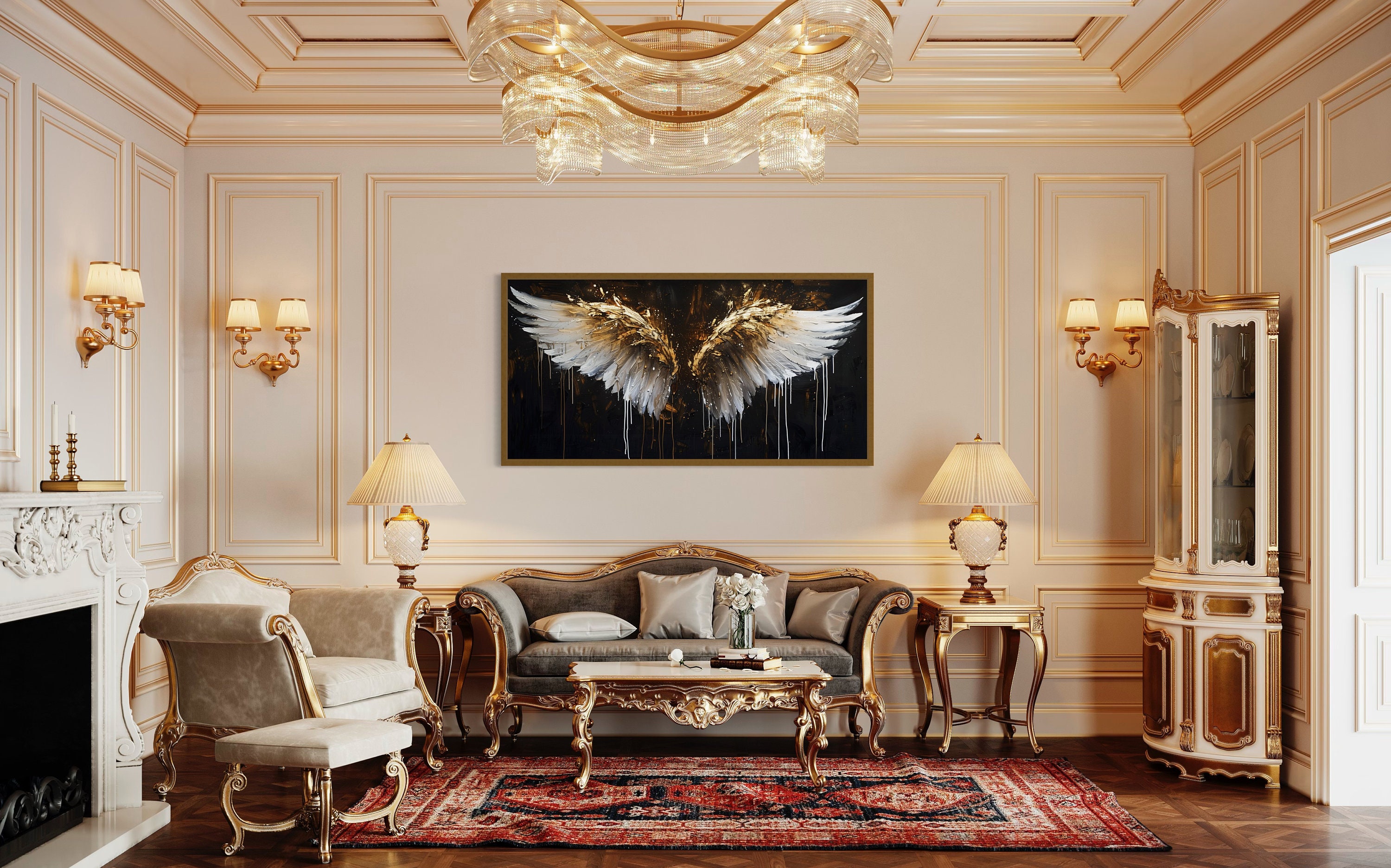 Divine Elegance: Golden Angel Wings Painting Print, Spiritual Artwork ...