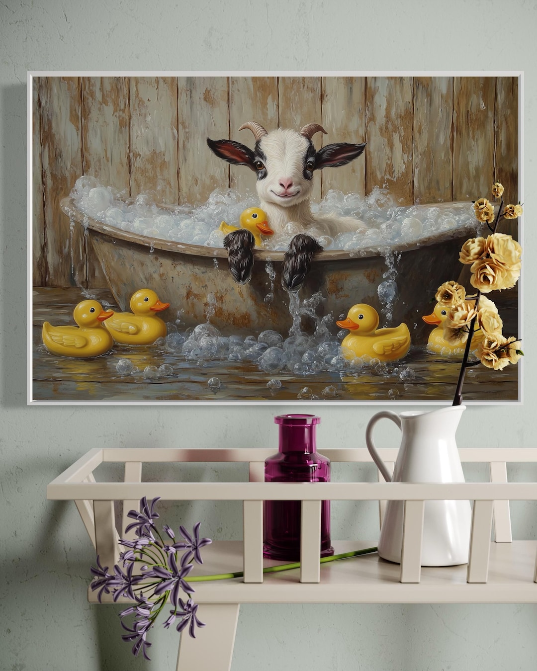 Goat in Bubble Bath Art Print – Funny Farmhouse Bathroom Decor, Cute ...