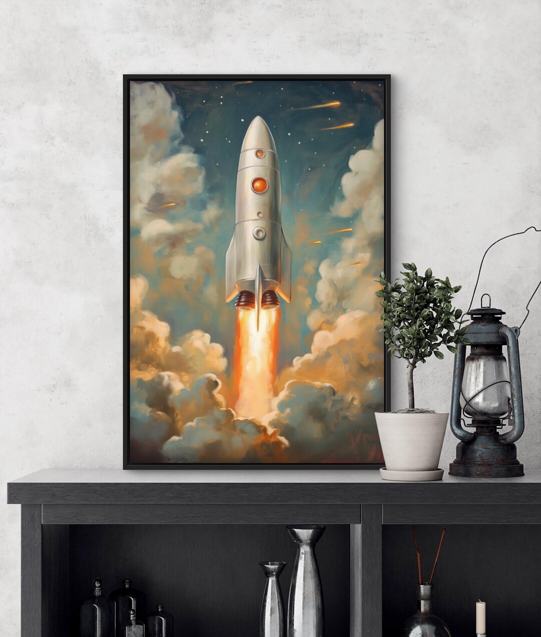 Retro Rocket Ship Wall Art - Vibrant Space Adventure Print, Whimsical ...