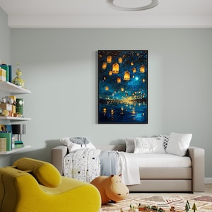 Magical Night Lantern Festival - Floating Lantern Painting Print With ...