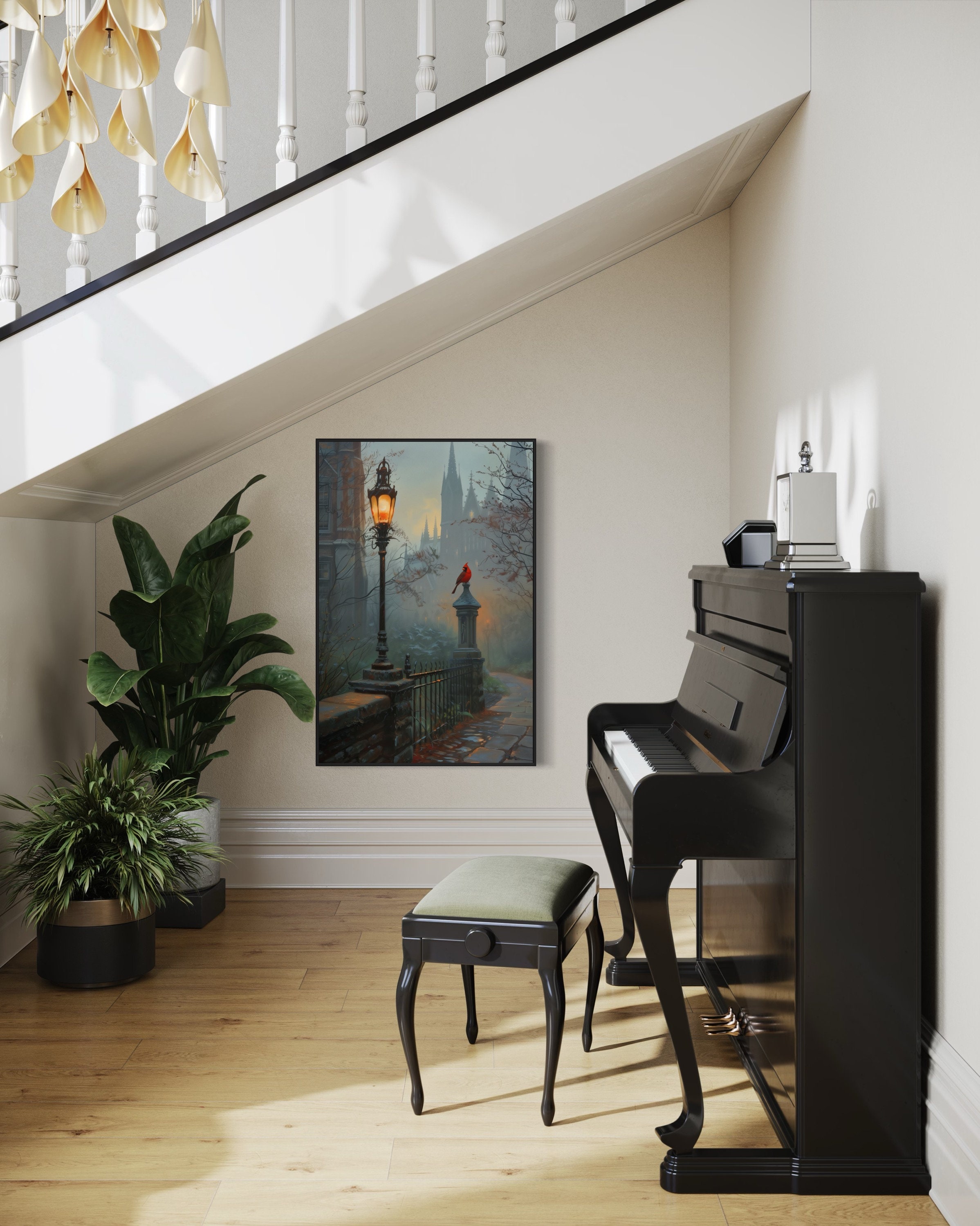 Enchanted Twilight: Gothic Cathedral and Red Cardinal Bird Art Print ...