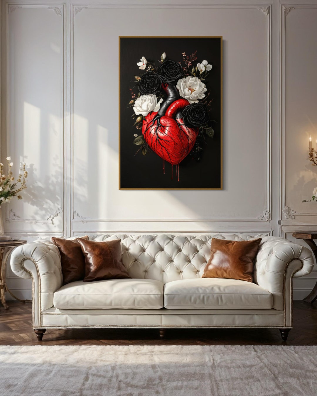 Anatomical Heart With Roses – Bold Gothic Canvas, Black & White Rose ...