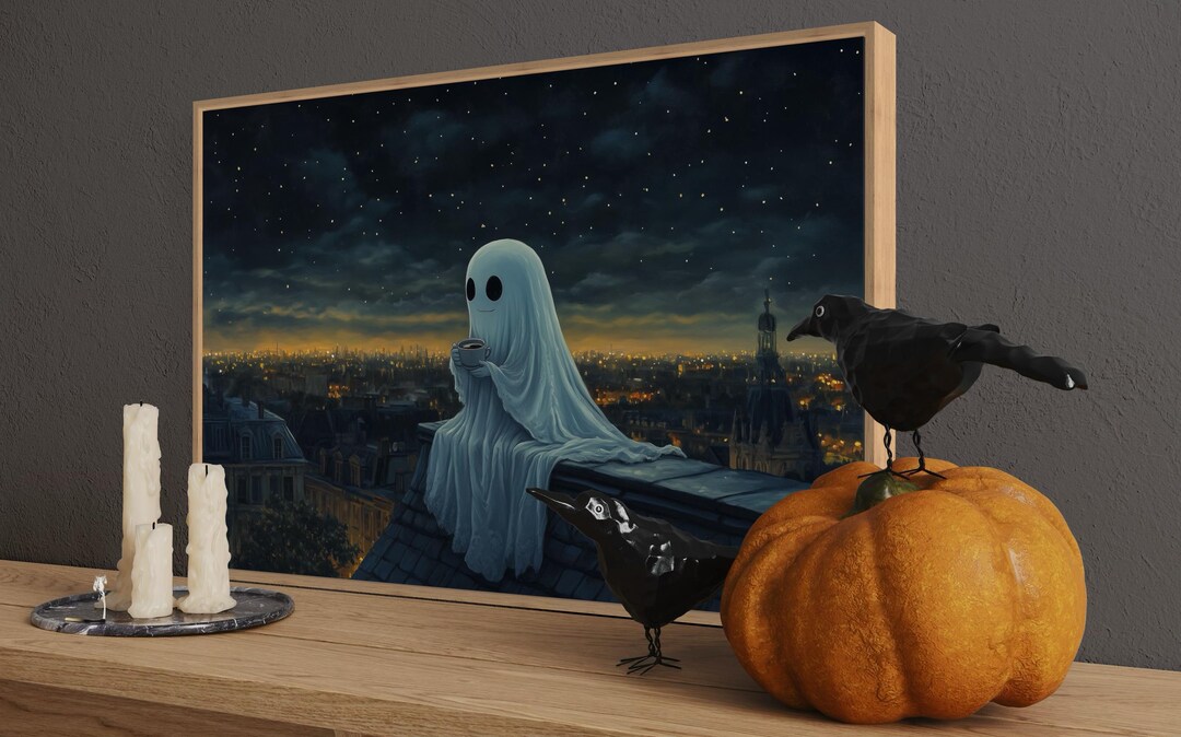 Cozy Ghost Rooftop Art Print – Cute Halloween Wall Art, Whimsical Ghost ...